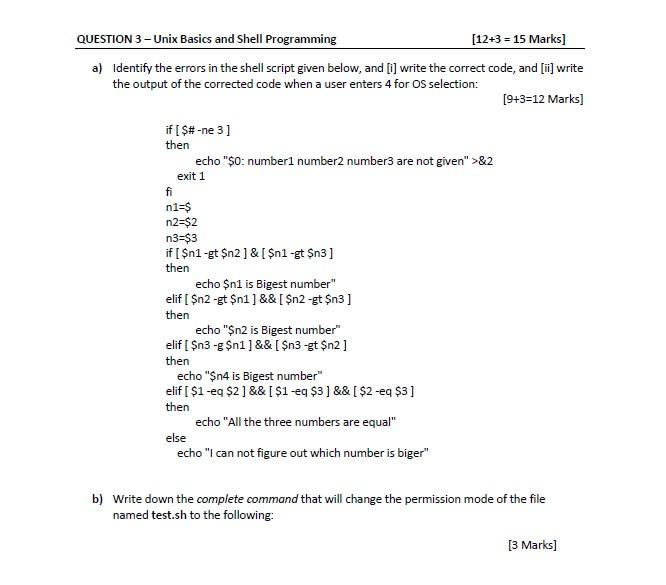 Solved QUESTION 3 - Unix Basics and Shell Programming [12+3 | Chegg.com