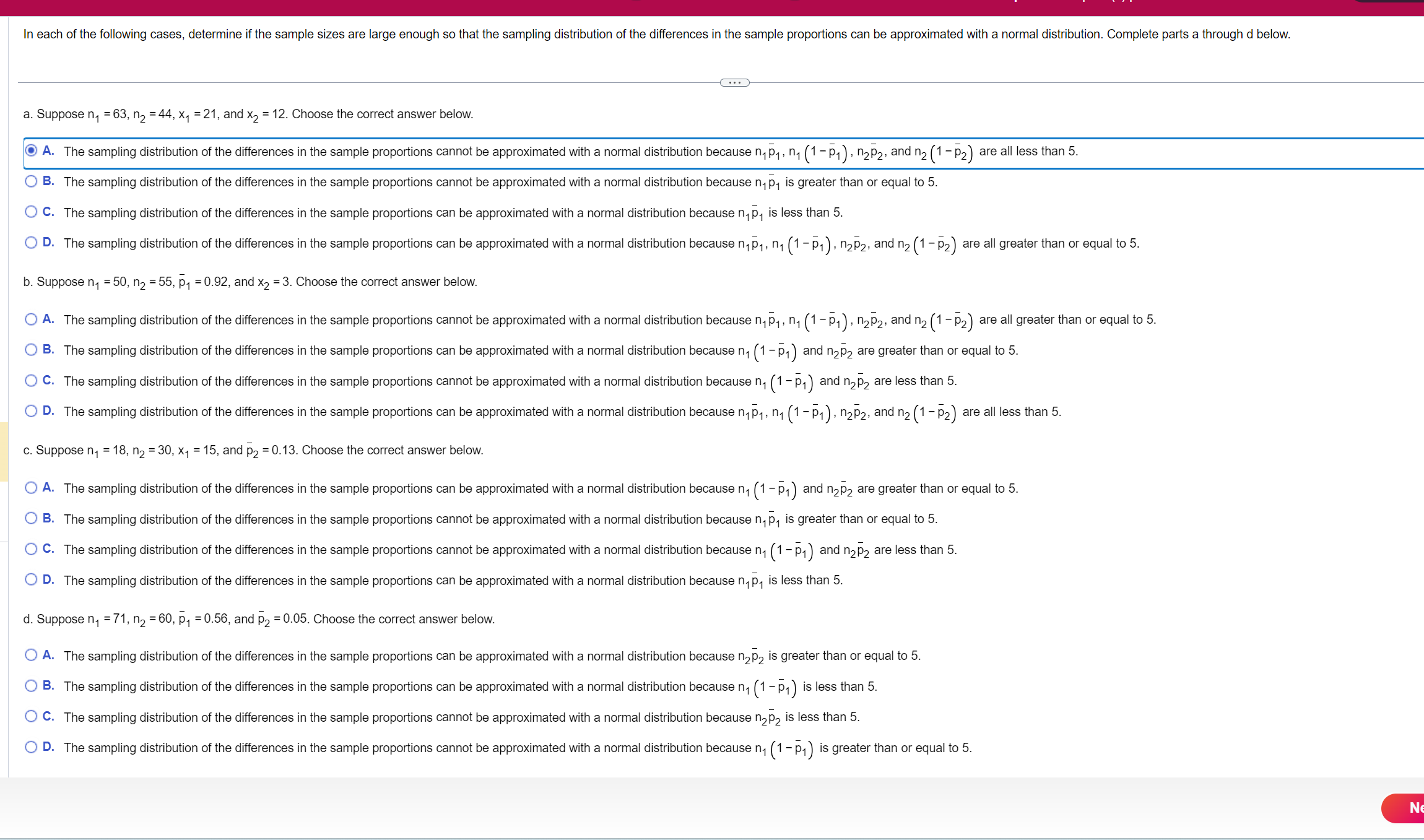Solved a. ﻿Suppose n1=63,n2=44,x1=21, ﻿and x2=12. ﻿Choose | Chegg.com
