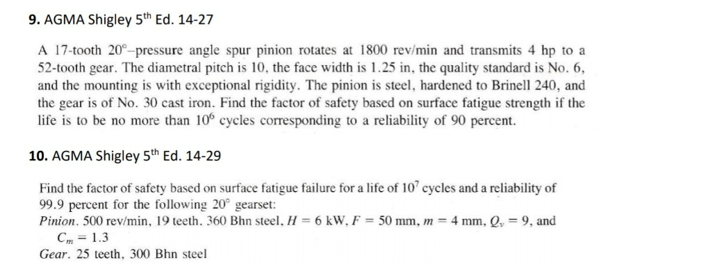 Solved 9. AGMA Shigley 5th Ed. 14-27 A 17-tooth 20°-pressure | Chegg.com