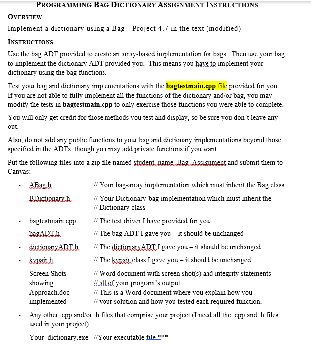PROGRAMMING BAG DICTIONARY ASSIGNMENT INSTRUCTIONS | Chegg.com
