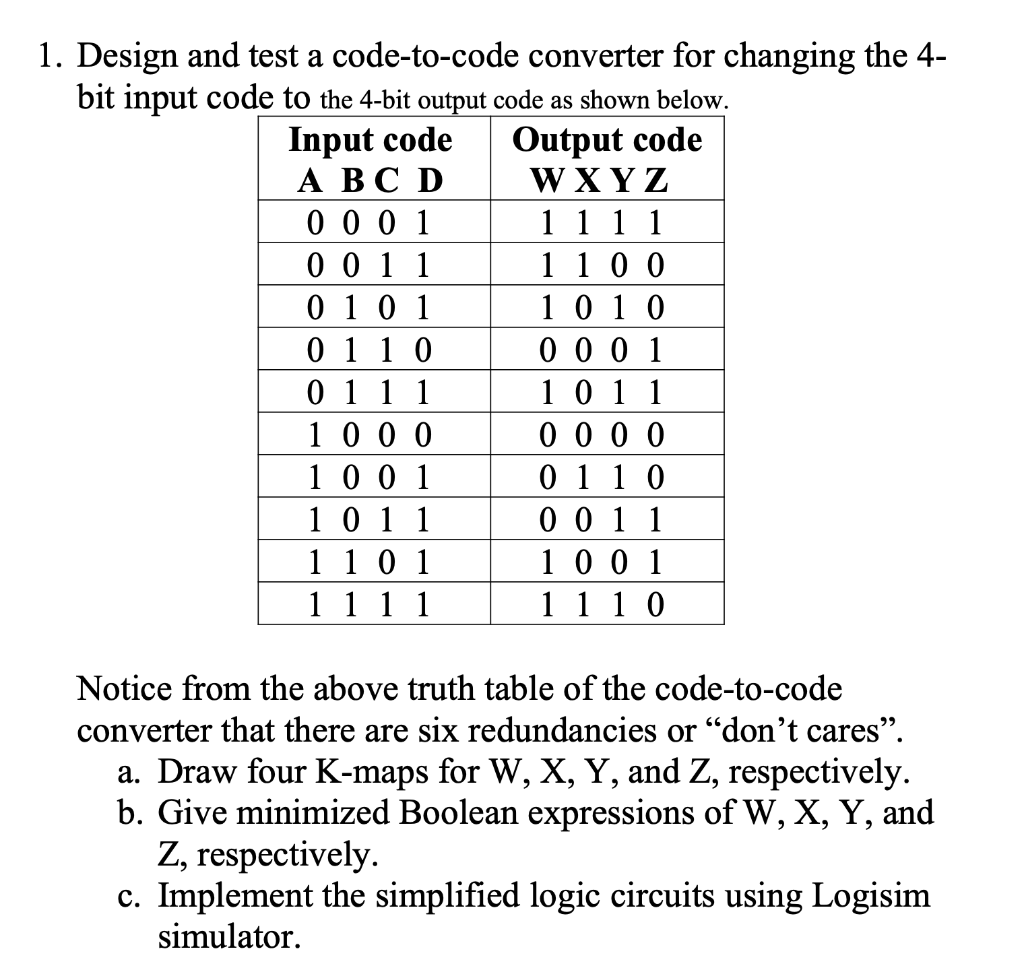 Solved 1. Design and test a code-to-code converter for | Chegg.com