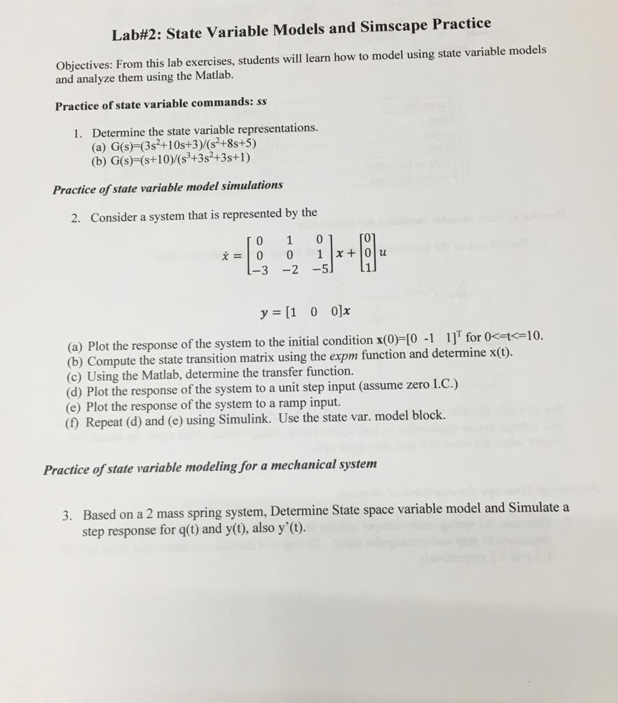 Solved Lab#2: State Variable Models and Simscape Practice | Chegg.com