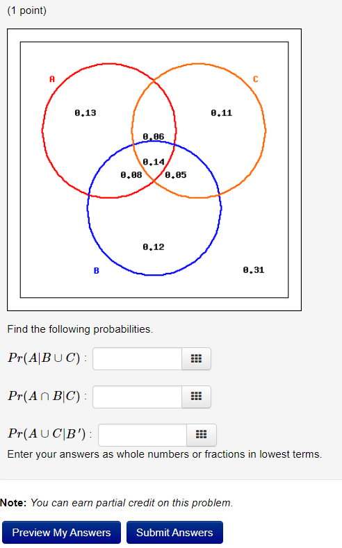 Solved (1 point) Find the following probabilities. Pr(A∣B∪C) | Chegg.com
