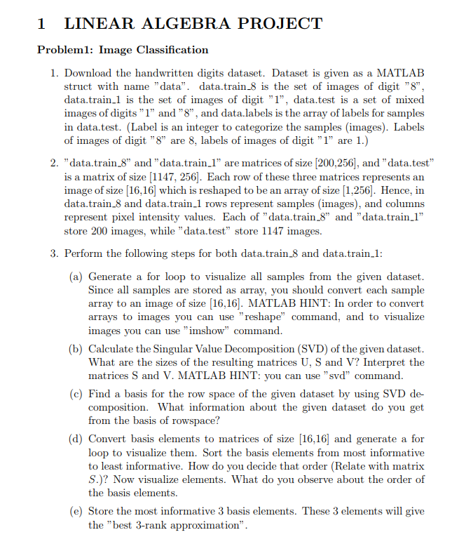 1 LINEAR ALGEBRA PROJECT Probleml: Image | Chegg.com
