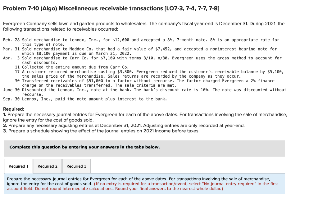 Solved Problem 7-10 (Algo) Miscellaneous receivable | Chegg.com