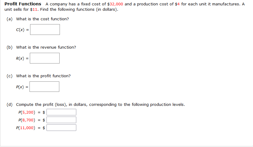 Solved Profit Functions A company has a fixed cost of | Chegg.com