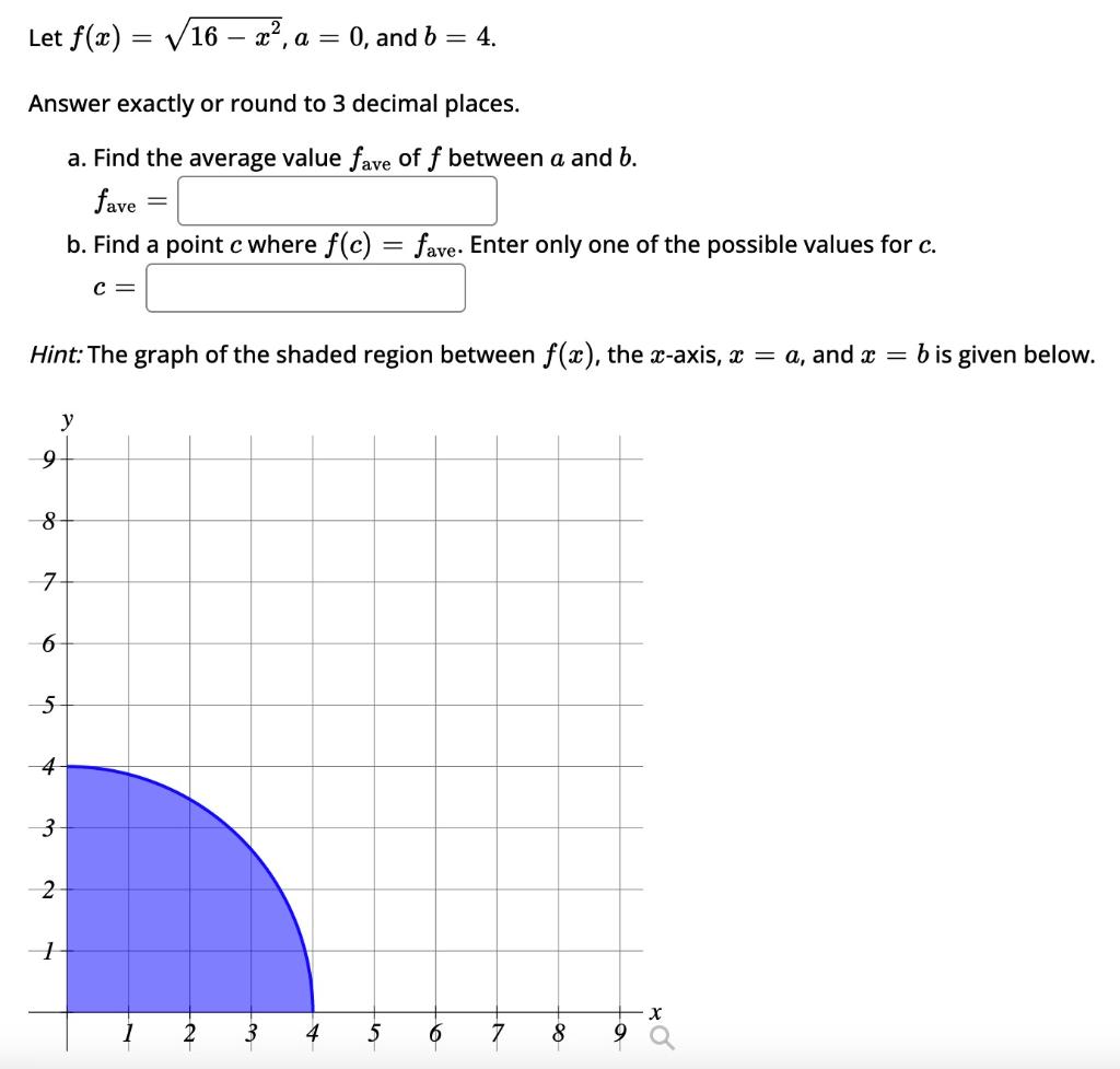 Solved Let f(x)=16−x2,a=0, and b=4. Answer exactly or round | Chegg.com