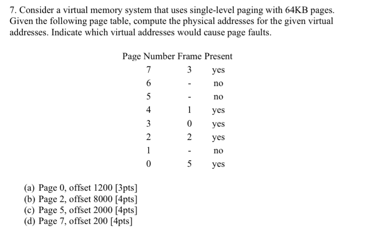 Solved 7. Consider a virtual memory system that uses | Chegg.com
