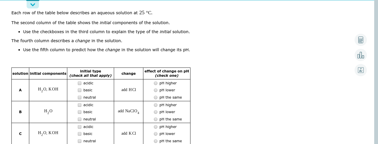 Solved Each row of the table below describes an aqueous | Chegg.com