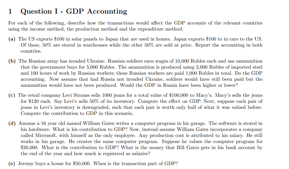 1 Question I - GDP Accounting For each of the | Chegg.com