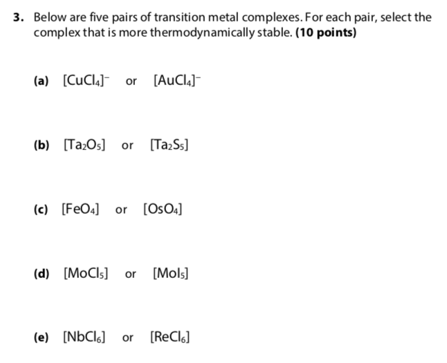 Solved 3. Below are five pairs of transition metal | Chegg.com