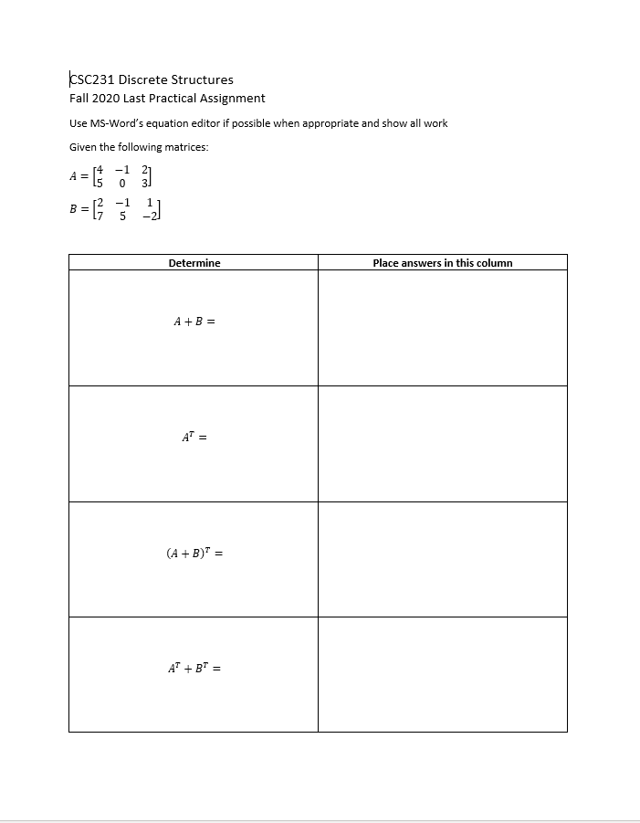 Solved |CSC231 Discrete Structures Fall 2020 Last Practical | Chegg.com