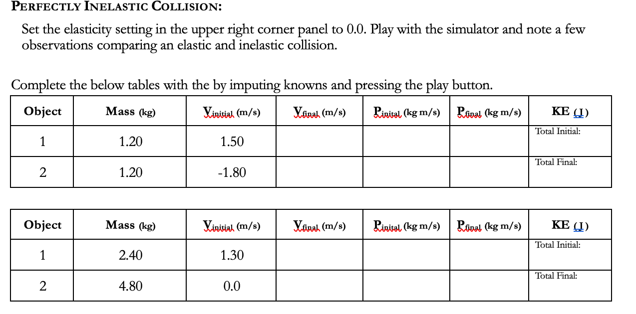 Perfectly elastic collision Complete the below tables | Chegg.com