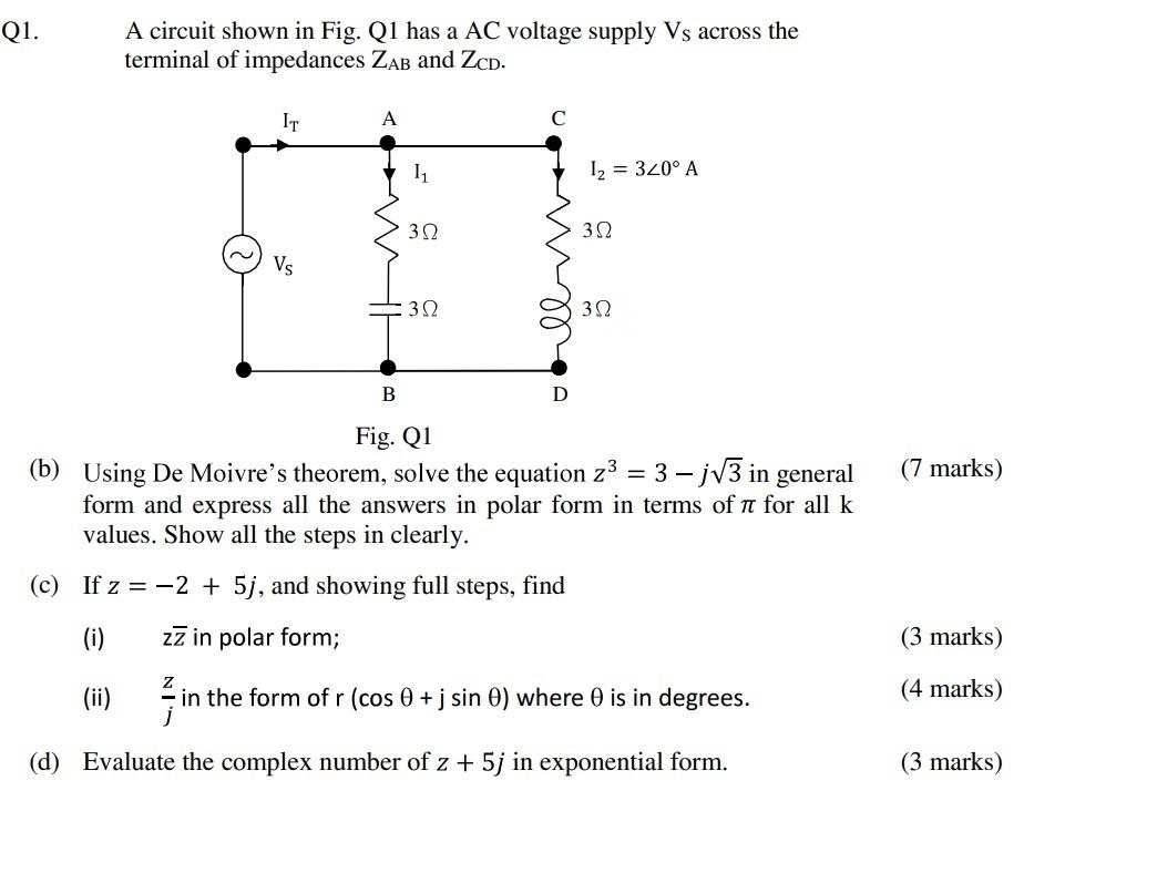 Solved Q1. A circuit shown in Fig. Q1 has a AC voltage | Chegg.com