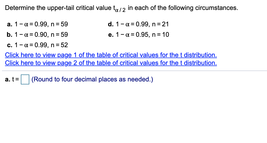 Solved Determine the upper-tail critical value ta/2 in each | Chegg.com