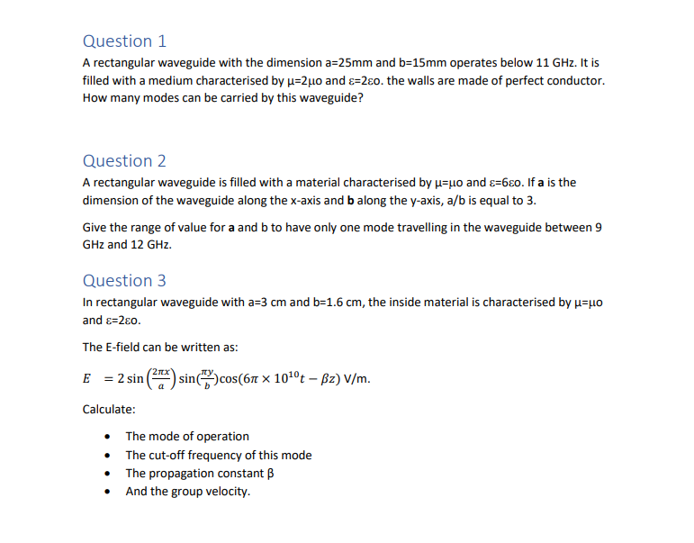 Solved Question 1 A rectangular waveguide with the dimension | Chegg.com