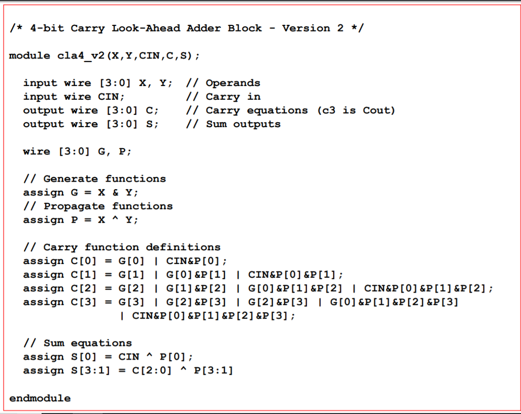 Solved /* 4-bit Carry Look-Ahead Adder Block - Version 2 */ | Chegg.com