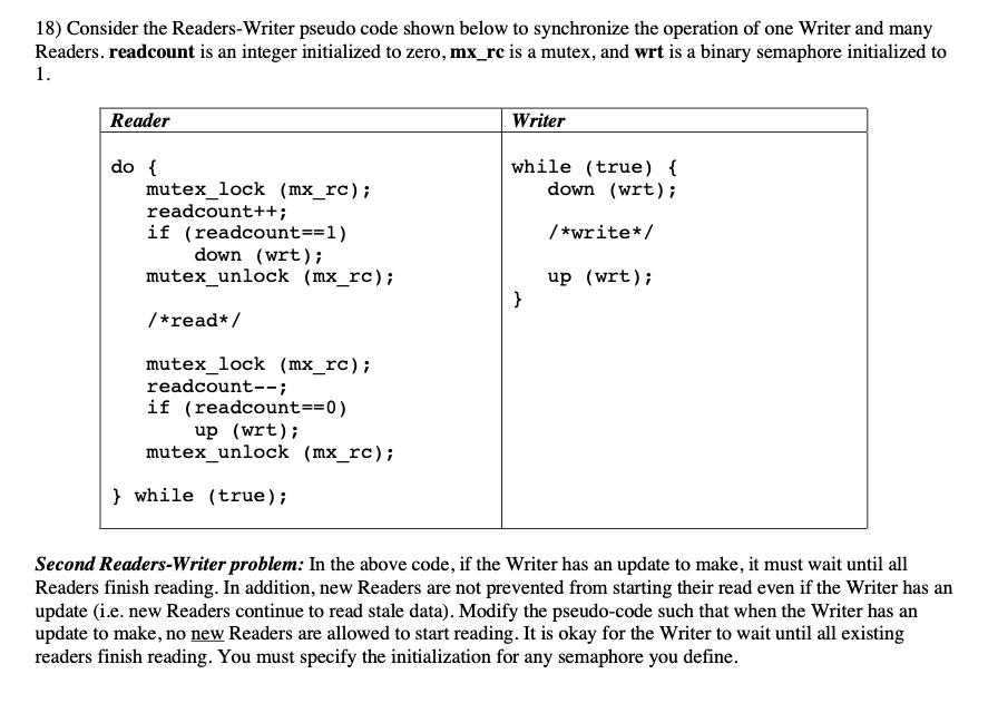 Solved 18) Consider the Readers-Writer pseudo code shown | Chegg.com