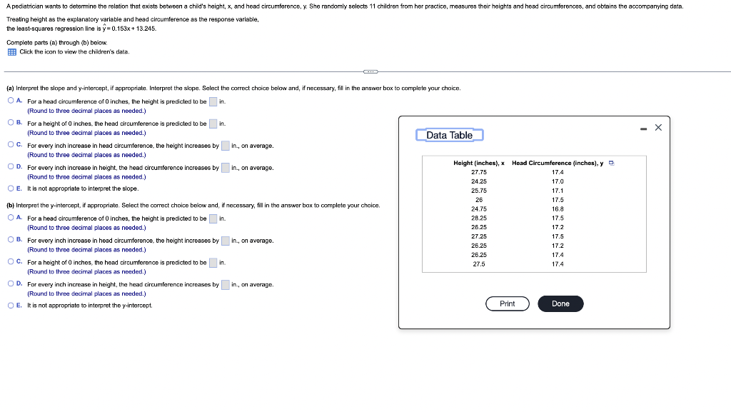 Solved Treating height as the explanatory variable and head | Chegg.com