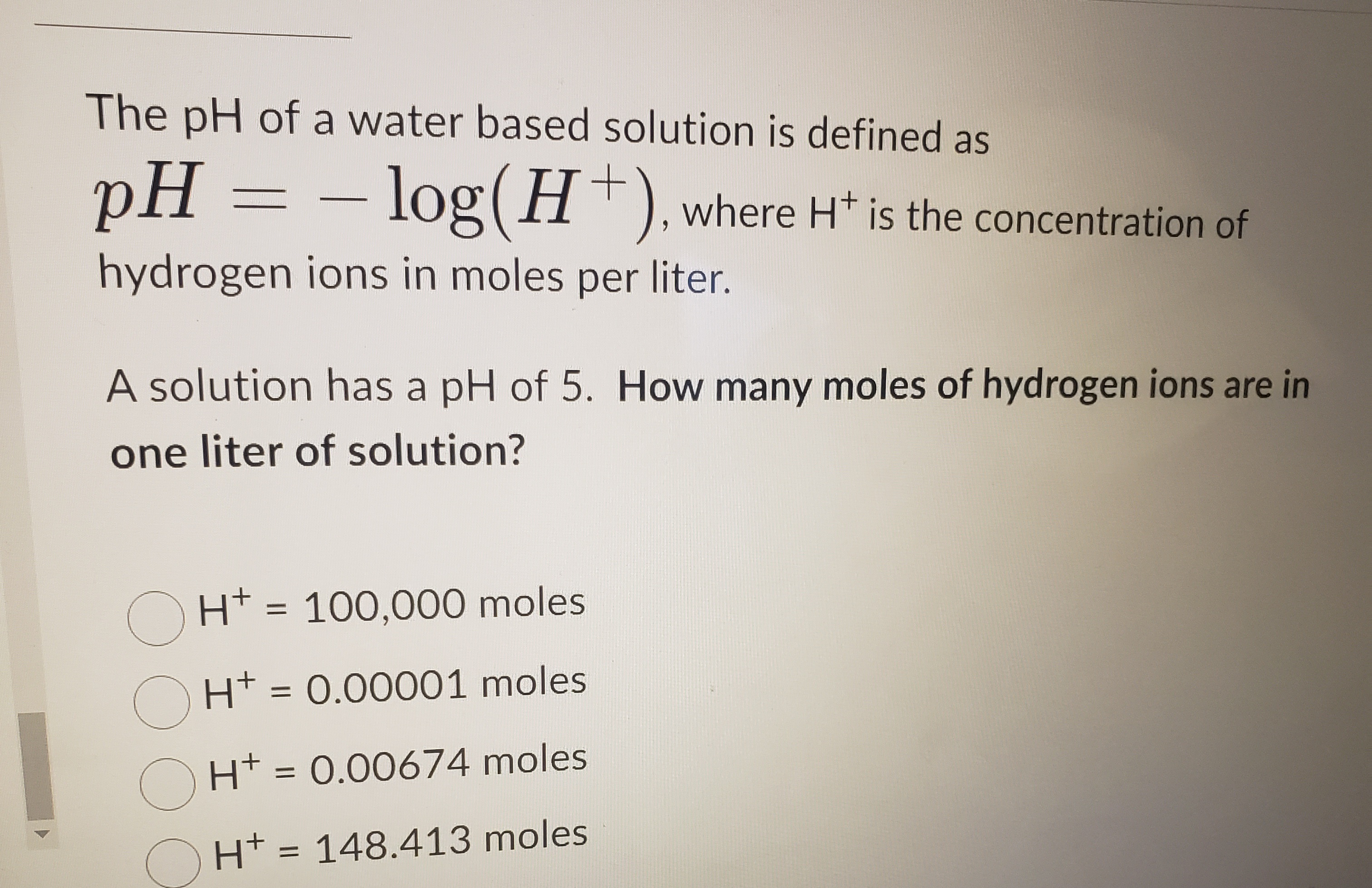 Solved The pH ﻿of a water based solution is defined | Chegg.com