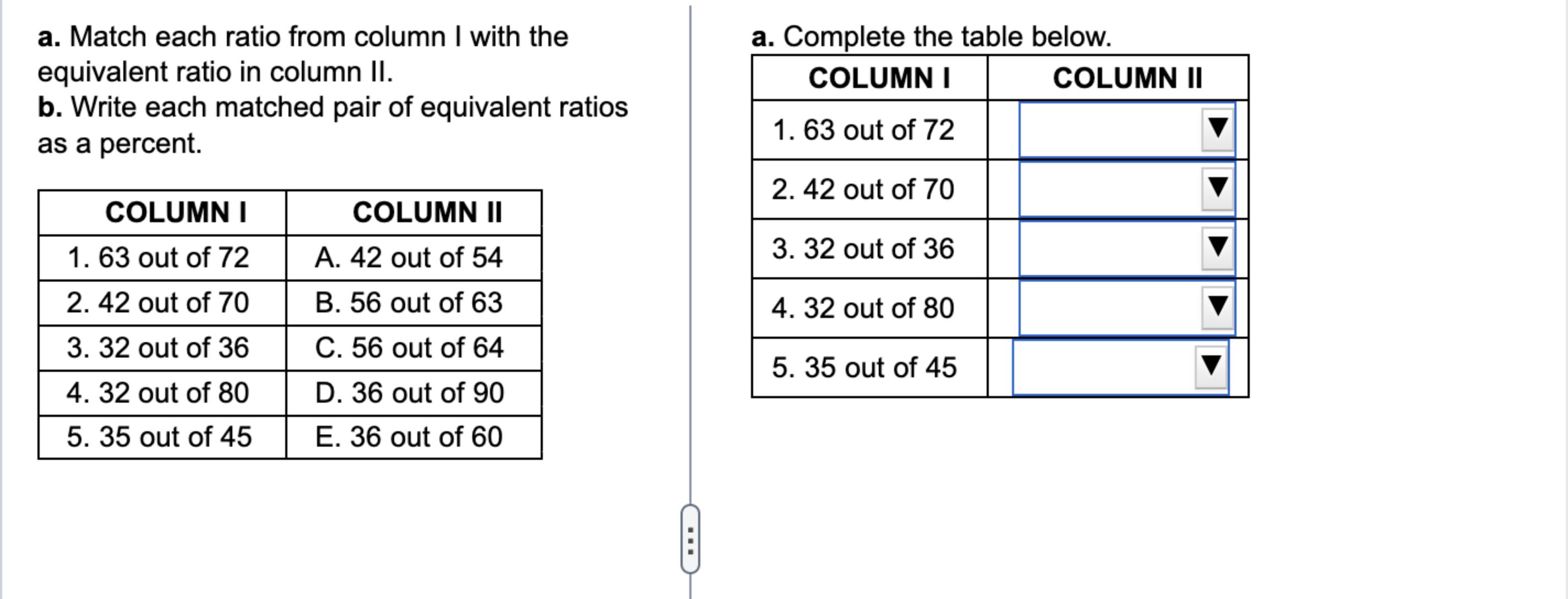 Solved a. ﻿Match each ratio from column I with theequivalent | Chegg.com