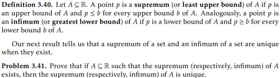 Solved Definition 3.40. Let A CR. A point p is a supremum | Chegg.com