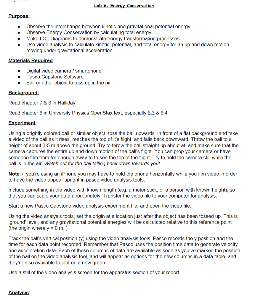 Lab 6: Energy Conservation Purpose: - Observe the | Chegg.com