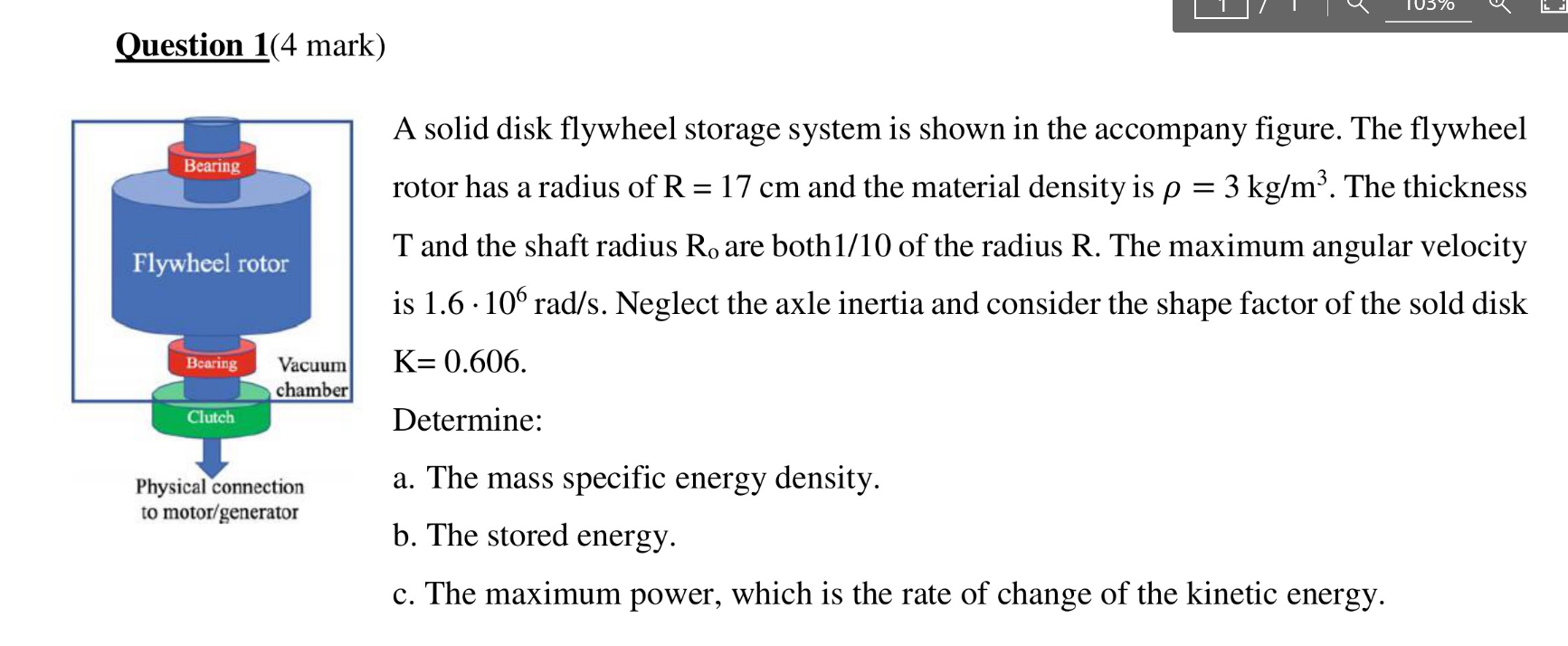 Solved 105% Question 1(4 mark) Bearing A solid disk flywheel | Chegg.com