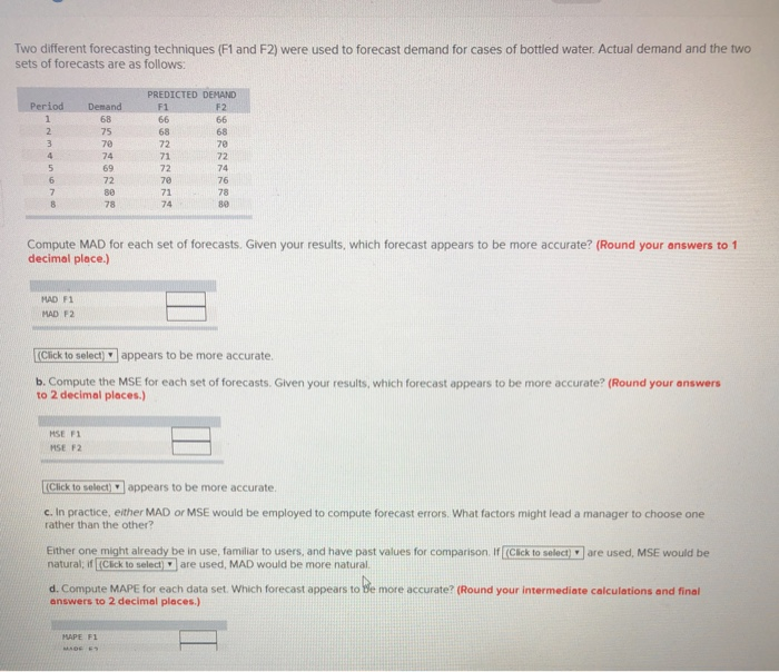 Solved Two different forecasting techniques (F1 and F2) were | Chegg.com