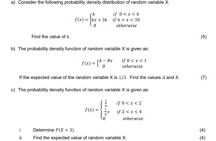 Solved a) Consider the following probability density | Chegg.com