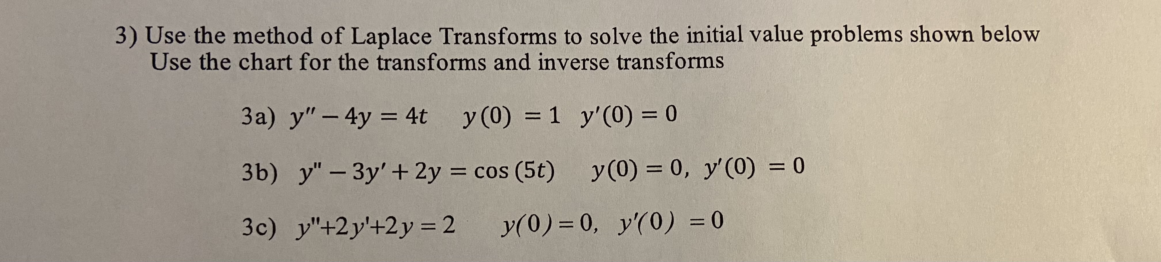 Solved 3) Use the method of Laplace Transforms to solve the | Chegg.com