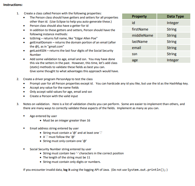 Instructions: 1. Create a class called Person with | Chegg.com