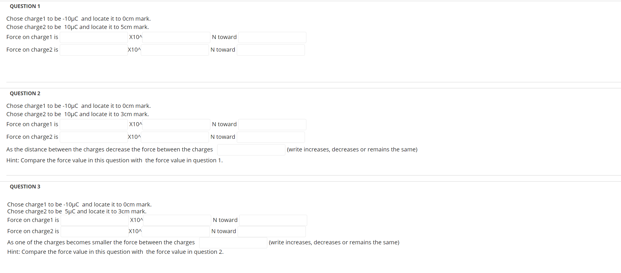Solved QUESTION 1 Chose charge1 to be -10C and locate it to | Chegg.com
