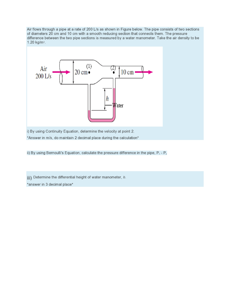 Solved Air flows through a pipe at a rate of 200 L/s as | Chegg.com