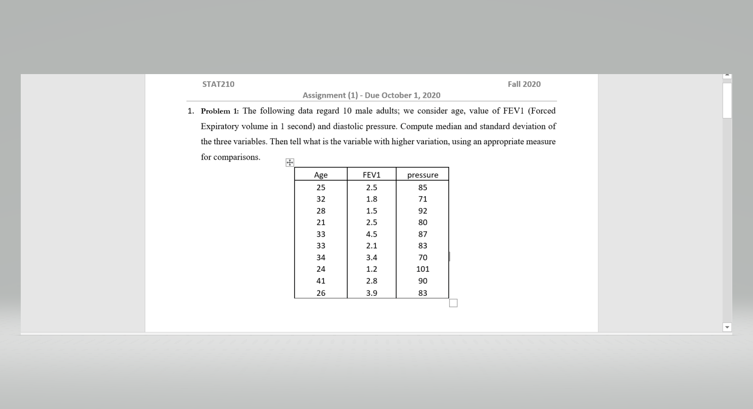 Solved STAT210 Fall 2020 Assignment (1) - Due October 1, | Chegg.com
