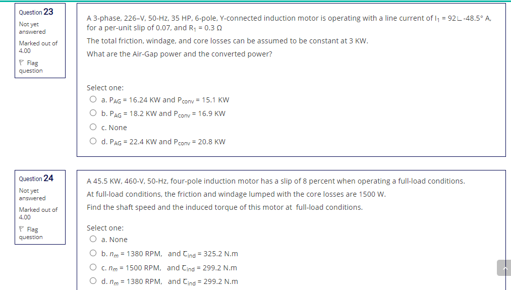 Solved Question 23 Not yet answered A 3-phase, 226-V, 50-Hz, | Chegg.com