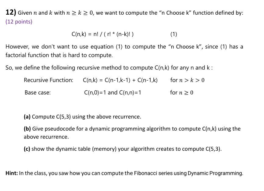 = 12) Given n and k with n 2 k > 0, we want to | Chegg.com