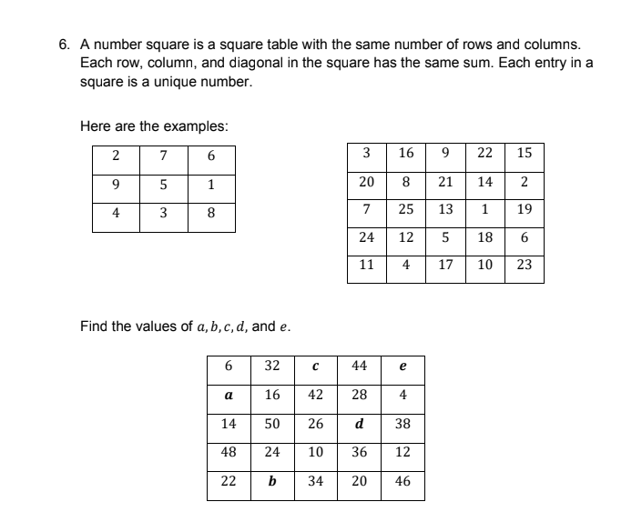Solved 6. A number square is a square table with the same | Chegg.com