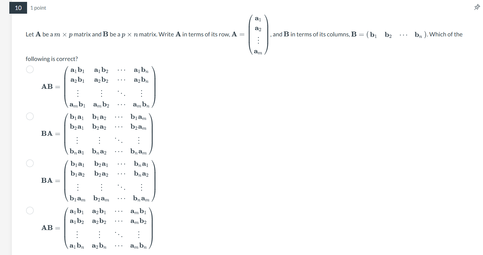 Solved 10 point Let A be a m×p matrix and B be a p×n matrix. | Chegg.com