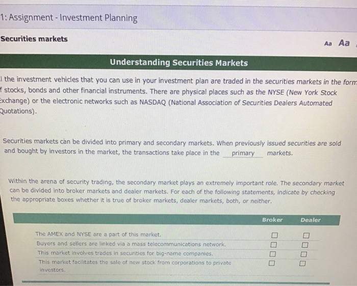 Solved 1: Assignment- Investment Planning Securities markets | Chegg.com