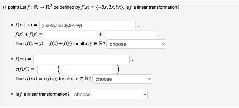 Solved (1 point) Let f : R → R3 be defined by f(x) = (-5x, | Chegg.com