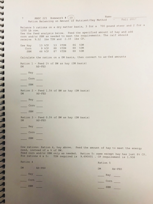 Name ANSC 221 Homework . (10 Ration Balancing on | Chegg.com