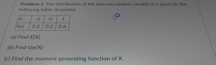 Solved Problem 1. The distribution of the discrete random | Chegg.com