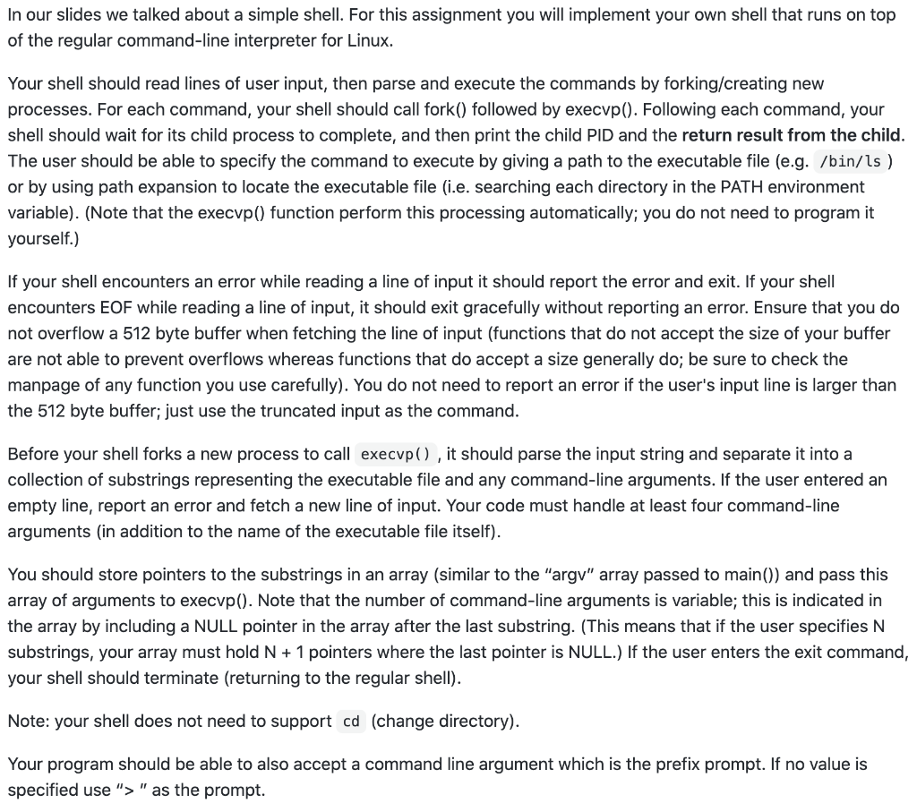 Solved In our slides we talked about a simple shell. For | Chegg.com