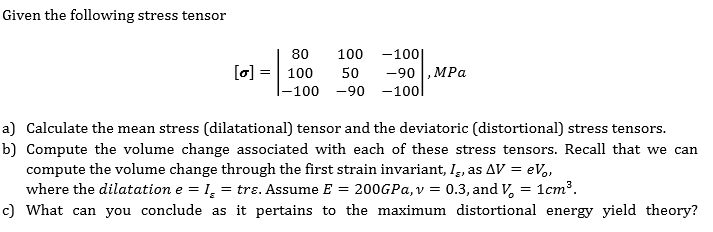 Solved Given the following stress tensor [o] = | 80 100 | Chegg.com