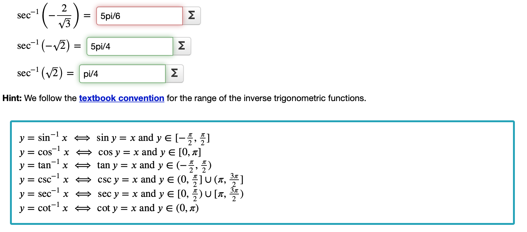 Solved sec-1 -(-) = 5pi/6 M sec=\(-12) = 5pi/4 M :-1 (12) | Chegg.com
