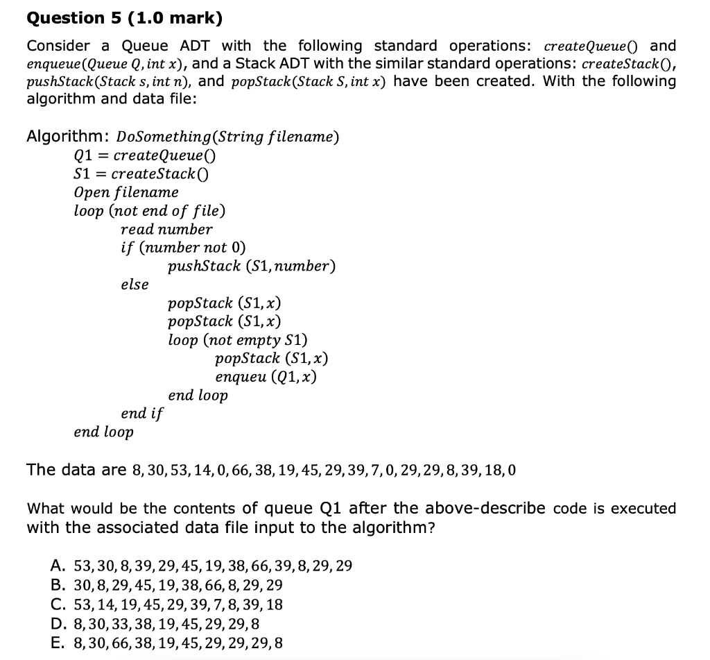 Solved Question 5 (1.0 mark) Consider a Queue ADT with the | Chegg.com