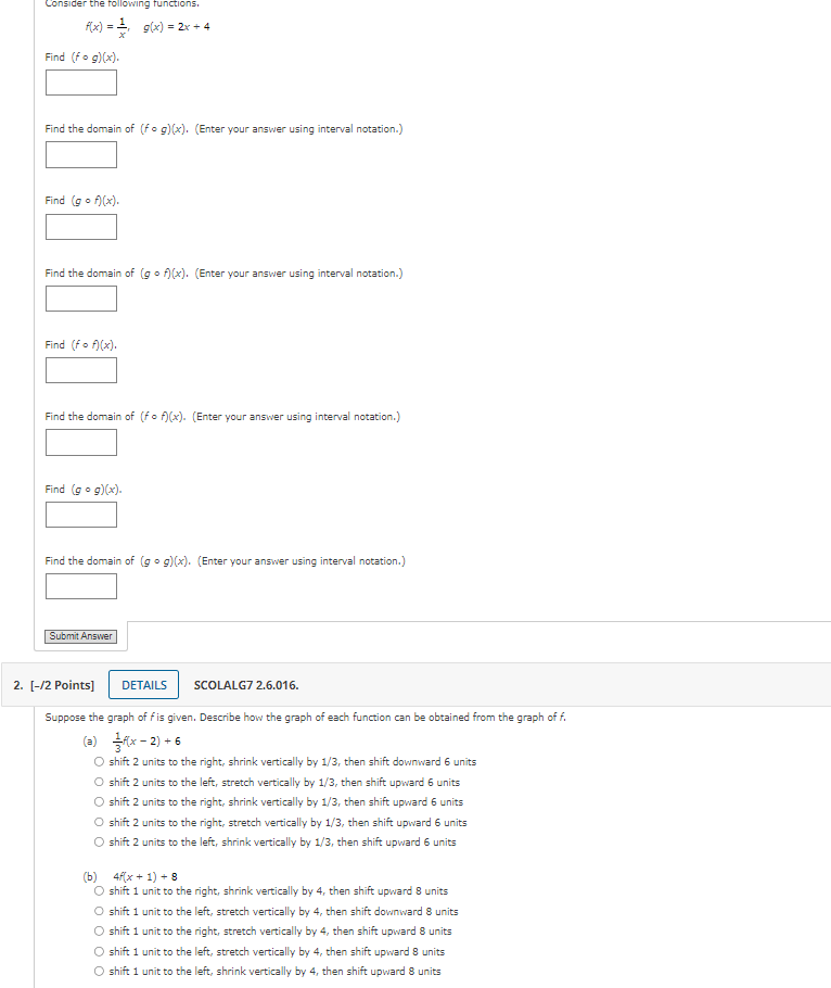 Solved Consider the following functions. f(x)=x1,g(x)=2x+4 | Chegg.com