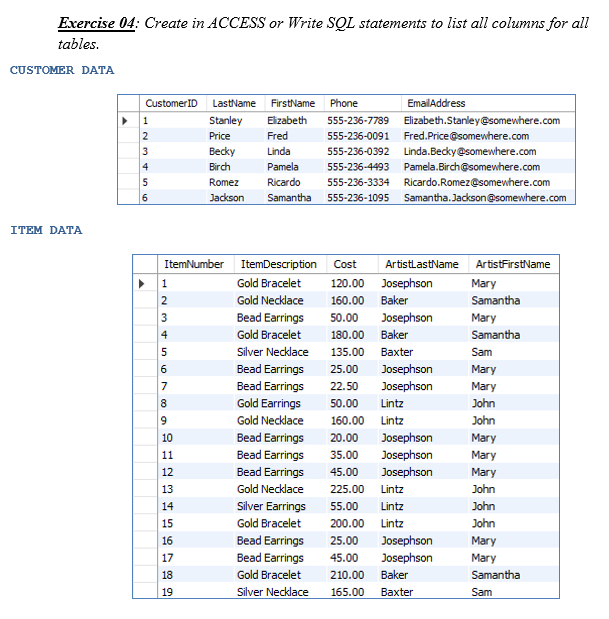 Solved Exercise 04 Create In Access Or Write Sql Statements 7917