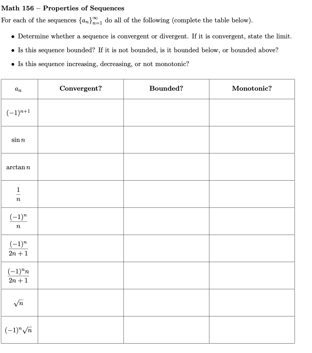 Solved Math 156 - Properties of Sequences For each of the | Chegg.com